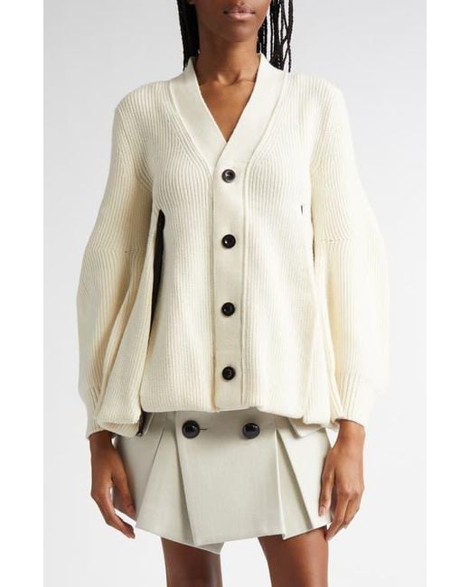 Sacai Mixed Media Wool Cardigan in Natural | Lyst Sacai Mixed Media Wool Cardigan in Natural | Lyst