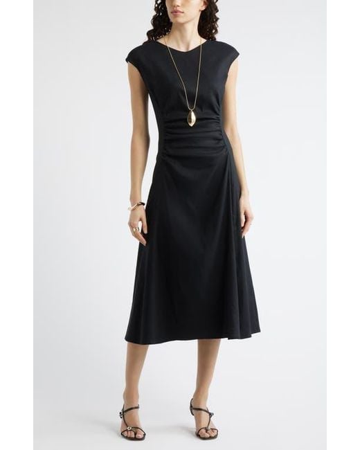 Nordstrom Linen Blend Ruched Midi Dress in Black | Lyst