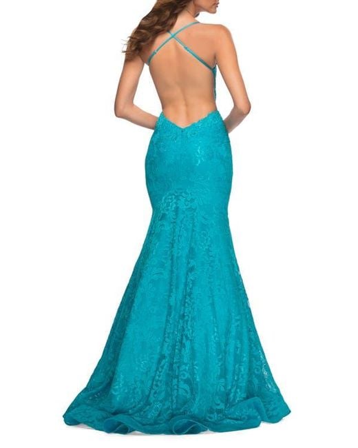 La Femme Bright Mermaid Lace Gown With Sheer Bodice And Open Back in Blue | Lyst