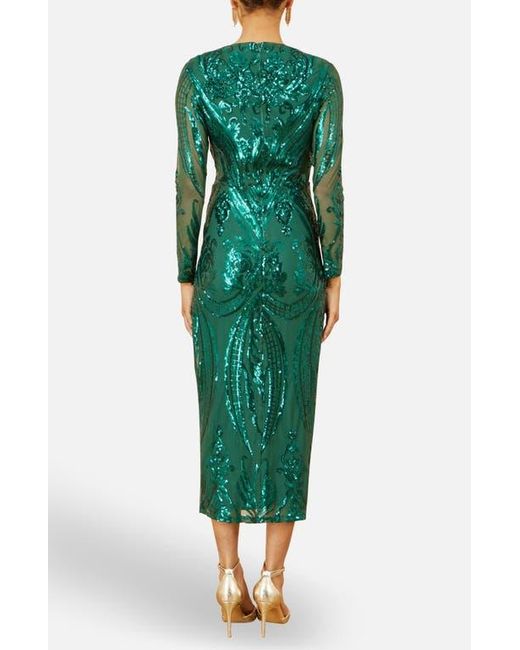Yumi' Sequin Midi Long Sleeve Wrap Dress in Green | Lyst