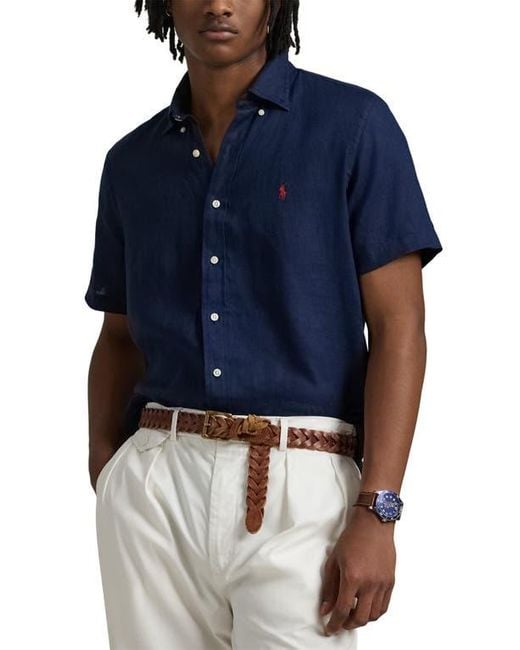 Polo Ralph Lauren Piece Dye Linen Short Sleeve Button-Down Shirt in ...