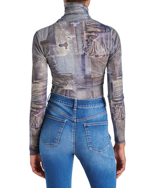 Steve Madden Fiona Denim Print Turtleneck Mesh Top in Blue | Lyst Steve Madden Fiona Denim Print Turtleneck Mesh Top in Blue | Lyst