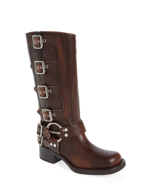 Miu Miu Moto Harness Boot in Brown | Lyst