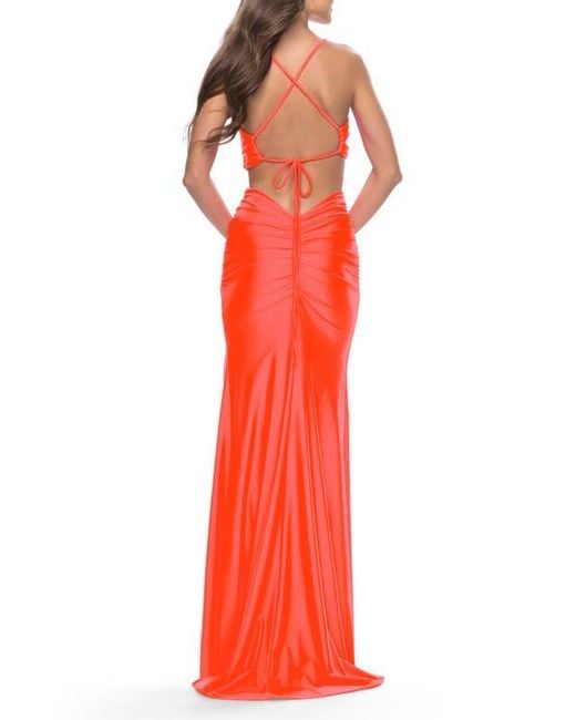 La Femme Neon Prom Dress With Side Cutouts And Open Tie Back in Red | Lyst