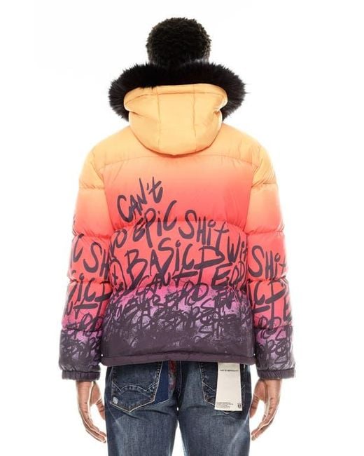 Cult Of Individuality Graphic Puffer Jacket With Faux-Fur Trim in Red ...