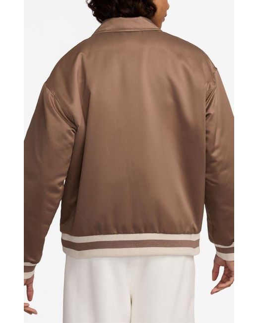 Nike Chenille Patch Satin Varsity Bomber Jacket in Brown | Lyst