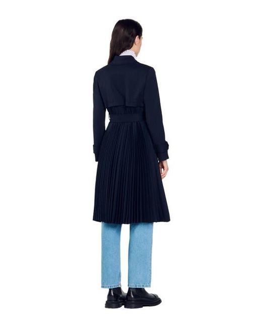 Sandro Trench Coat With Pleated Inset in Blue | Lyst