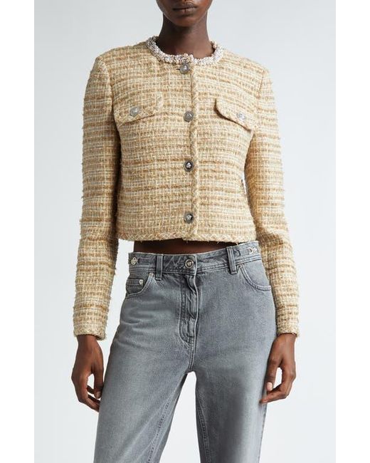 Versace Embellished Tweed Crop Jacket in Blue | Lyst