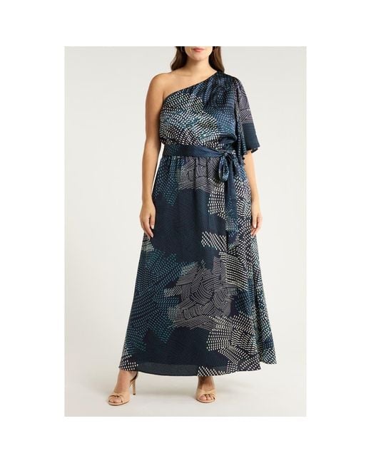 Sugarlips Kirby Print One-Shoulder Satin Maxi Dress in Blue | Lyst