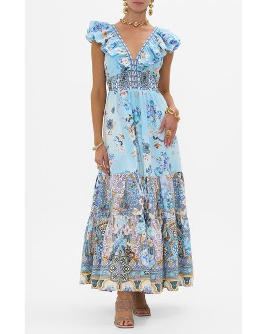CAMILLA Ruffle Neck Cotton Tiered Maxi Dress in Blue | Lyst