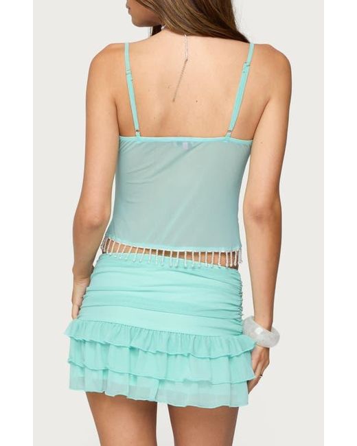 Edikted Enya Beaded Fringe Sheer Mesh Top in Blue | Lyst