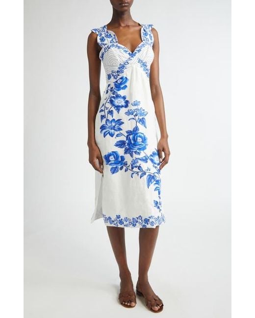 FARM Rio Floral Cascade Linen Dress in Blue | Lyst