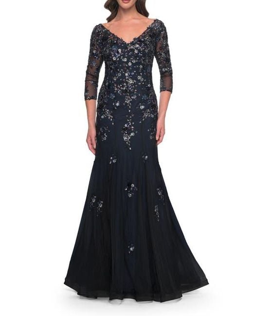 La Femme Mermaid Lace Applique Gown With V Neckline And Sleeves in Blue ...