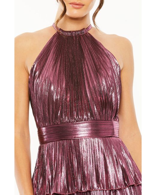 Mac Duggal Pleated Metallic Halter Gown In Red Lyst