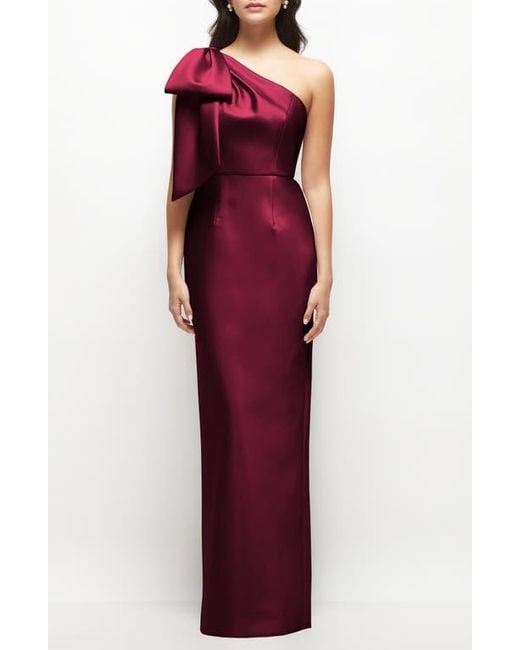 Alfred Sung Bow Detail One-Shoulder Satin Twill Column Gown in Purple ...