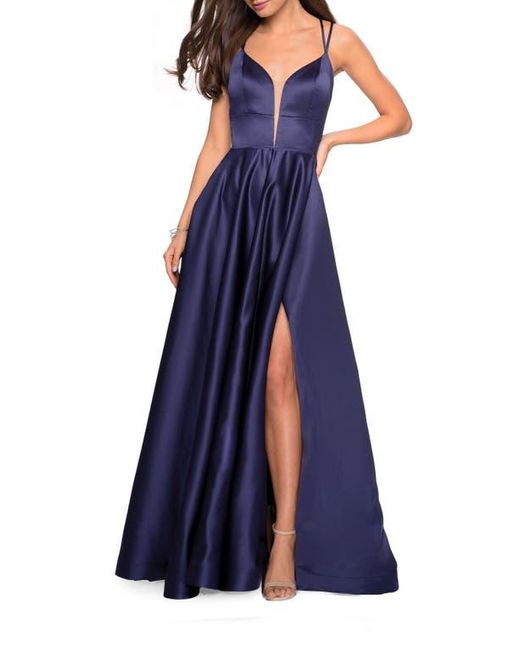 La Femme Long Satin Formal Gown With Leg Slit And Strappy Back in Blue ...