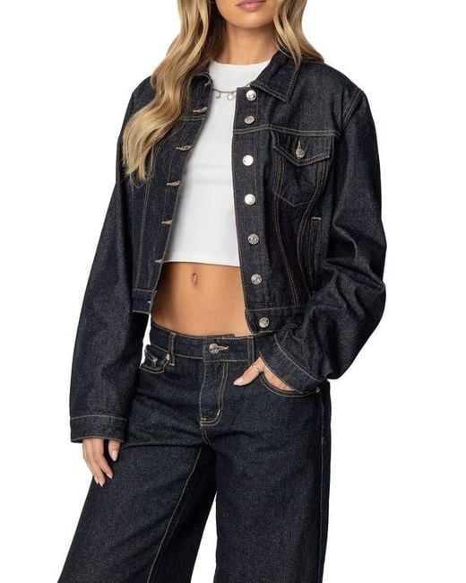 Edikted Barb Crop Denim Trucker Jacket in Black | Lyst