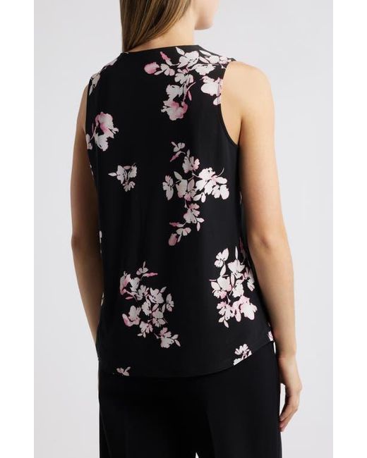 Anne Klein Floral Print Pleat Neck Shell in Black | Lyst