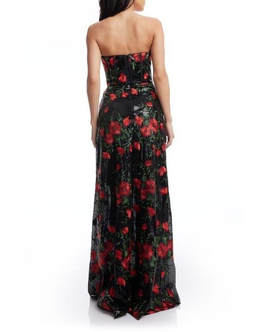 Dress the Population Daven Floral Print Sequin Strapless Gown in Black ...