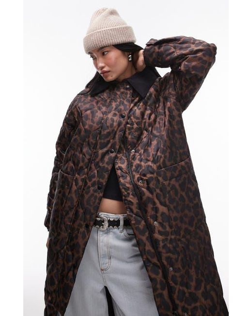 TOPSHOP Leopard Print Quilted Coat in White | Lyst