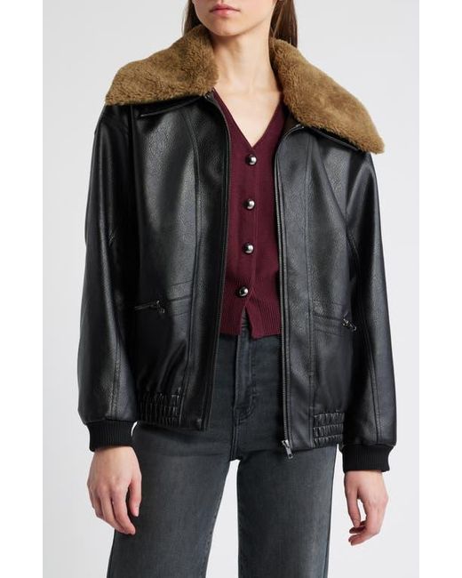 Pixie Market Oversize Faux Leather Bomber With Removable Faux Fur Collar in Black | Lyst