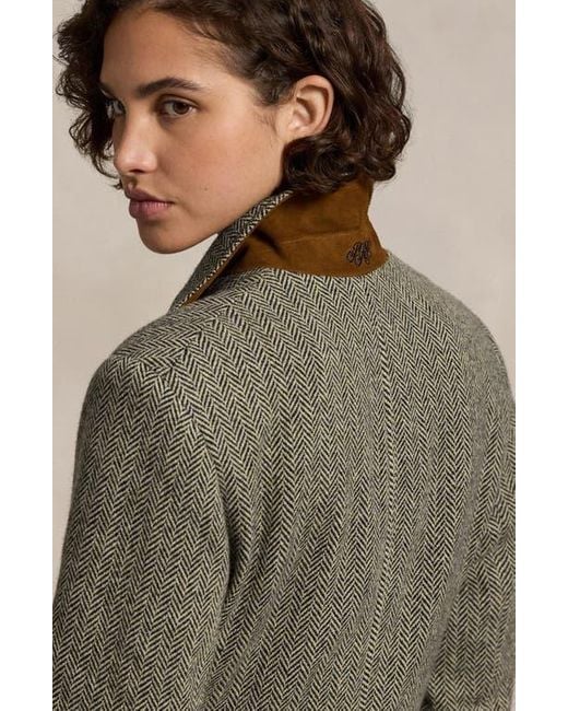 Polo Ralph Lauren Herringbone Single Breasted Suede Trim Wool Blend ...