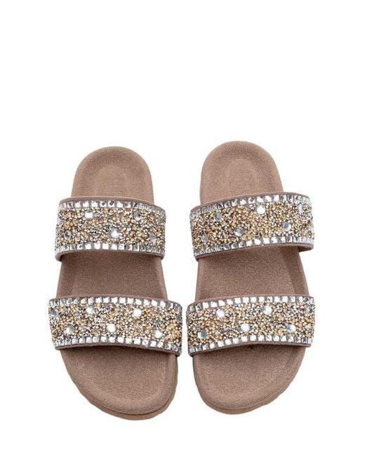 Forever & Always Shoes Jamie Leather Double Strap Slide Sandal With Stones in White | Lyst