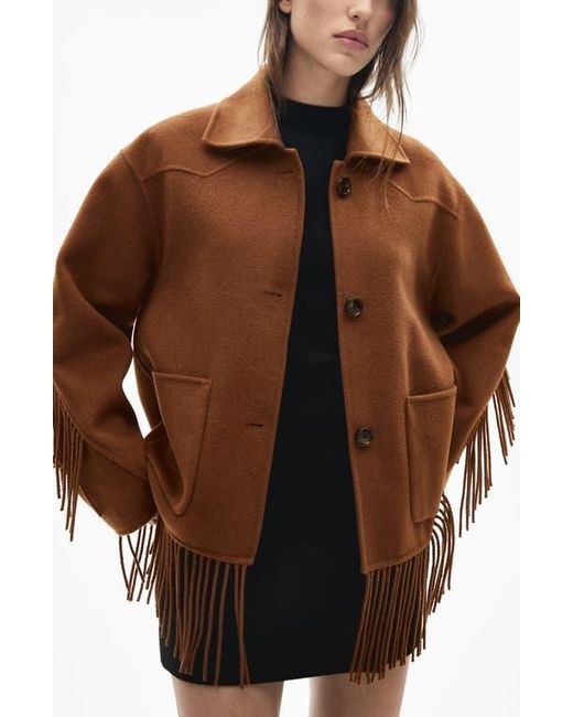 Mango Fringed Wool Blend Coat in Brown | Lyst