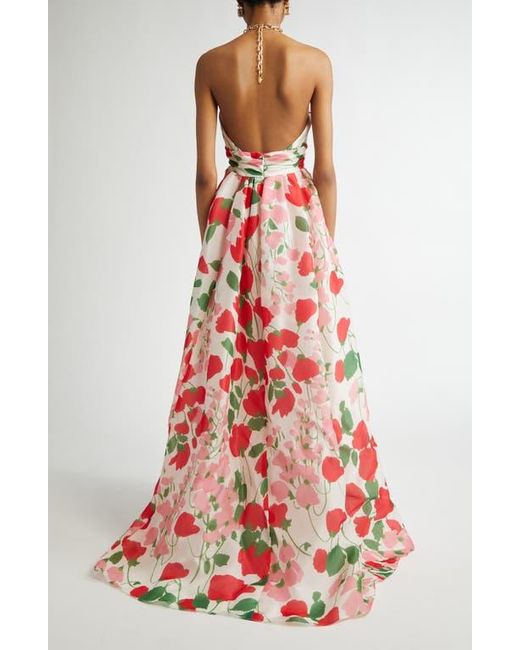 Carolina Herrera Chain Strap Floral Silk Gazar Halter Gown in Red | Lyst