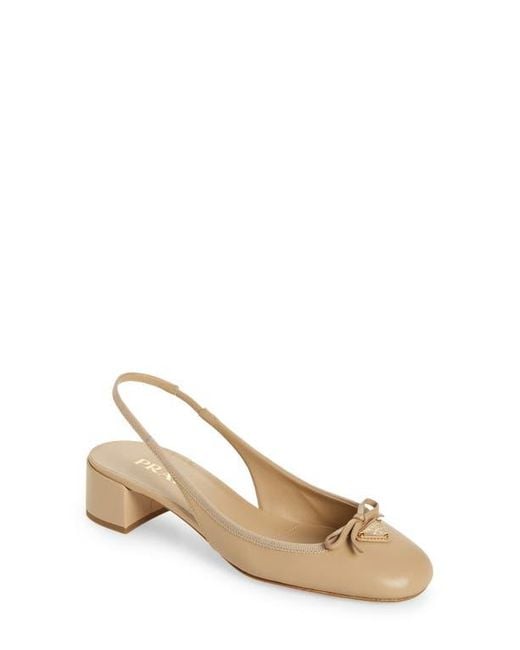 Prada Triangle Logo Bow Slingback Pump in Natural | Lyst