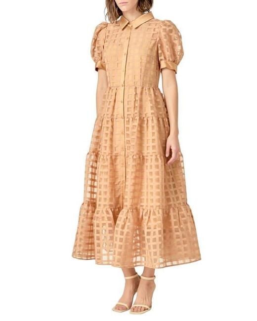English Factory Grid Pattern Tiered Midi Shirtdress in Natural | Lyst