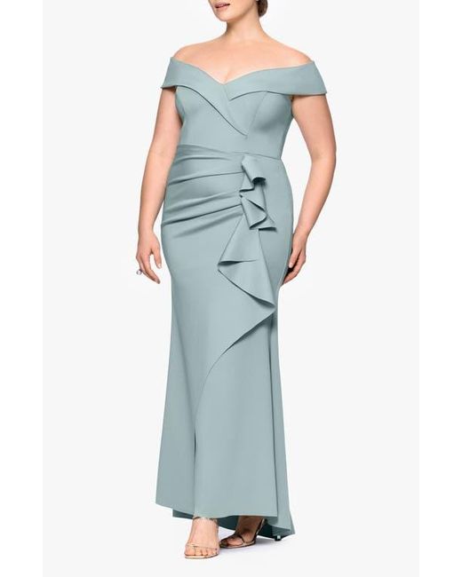 Xscape Evenings Off The Shoulder Ruffle Scuba Crepe Gown in Blue | Lyst