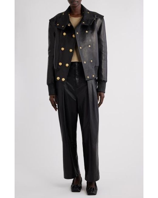 Balmain High Collar Lambskin Bomber Jacket in Black | Lyst