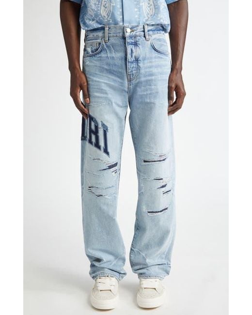 Amiri Varsity Logo Rip & Repair Straight Leg Jeans in Blue for Men | Lyst