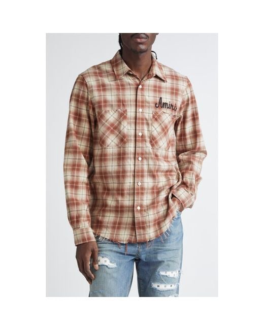 Amiri Shotgun Distressed Plaid Flannel Button-Up Shirt in Brown for Men ...