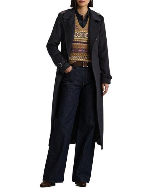 Ralph Lauren Double Breasted Wool Blend Trench Coat in Black | Lyst
