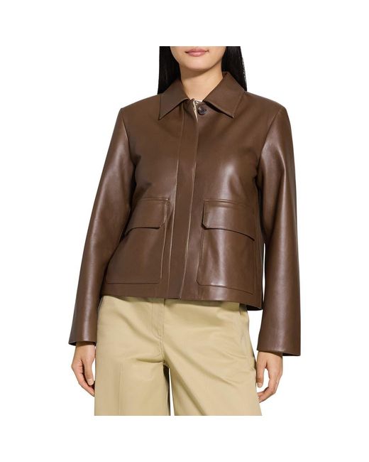 Theory Boxy Patch Pocket Leather Jacket in Brown | Lyst