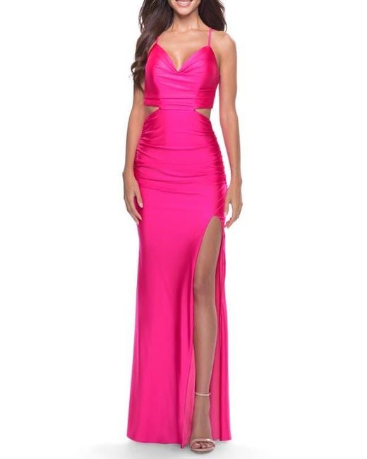 La Femme Neon Prom Dress With Side Cutouts And Open Tie Back in Pink | Lyst