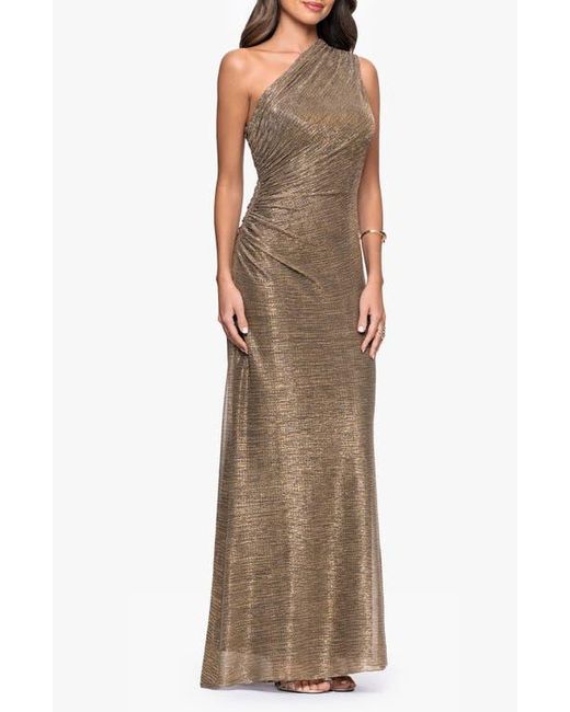 Betsy & Adam One-Shoulder Metallic Crinkled Column Gown in Brown | Lyst