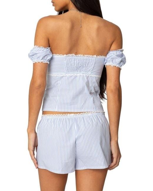 Edikted Taryn Stripe Off The Shoulder Top in Blue | Lyst