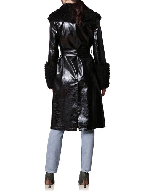 Avec Les Filles Belted Faux Fur Trim Faux Ever Leather Trench Coat In