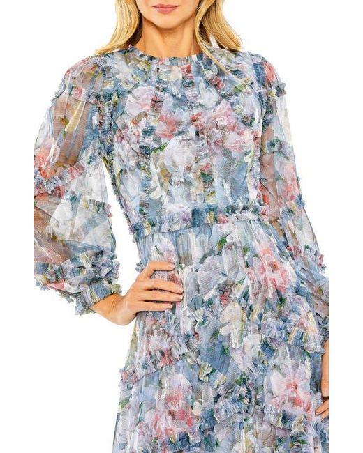 Mac Duggal Floral Long Sleeve High Neck Ruffle Detail Gown in White | Lyst