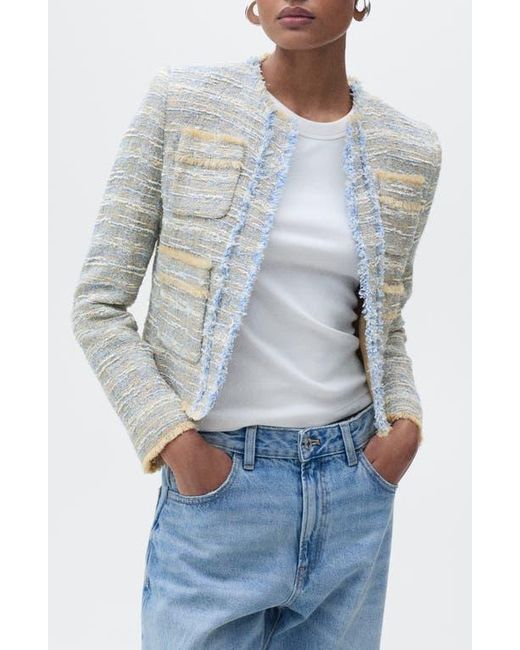 Mango Fringe Detail Cotton Blend Tweed Jacket in Blue | Lyst