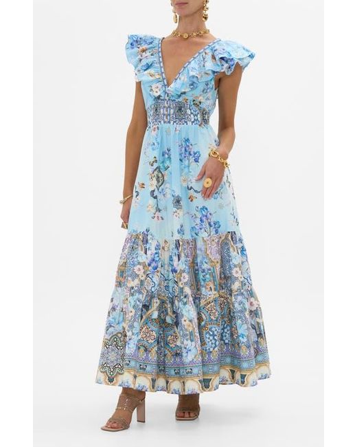 CAMILLA Ruffle Neck Cotton Tiered Maxi Dress in Blue | Lyst