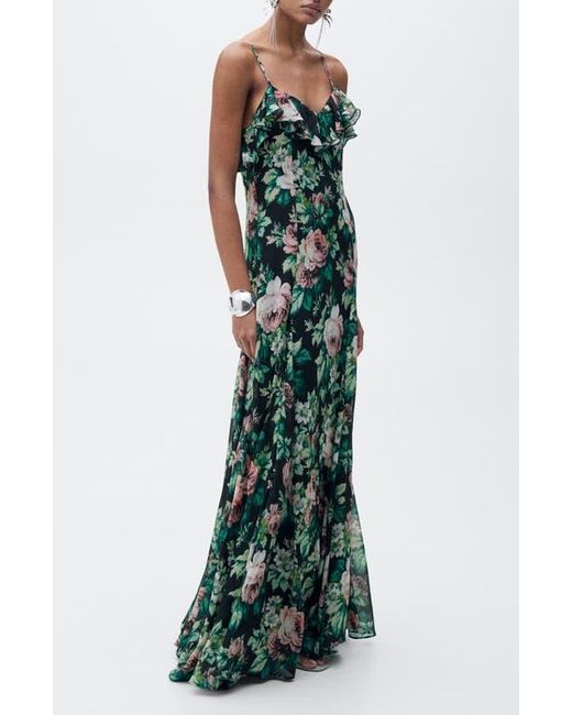 Mango Floral Ruffle Detail Dress in Green | Lyst