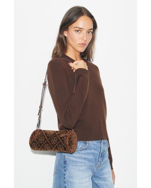 Tory Burch T Monogram Flocked Velvet Cylinder Shoulder Bag in Brown | Lyst
