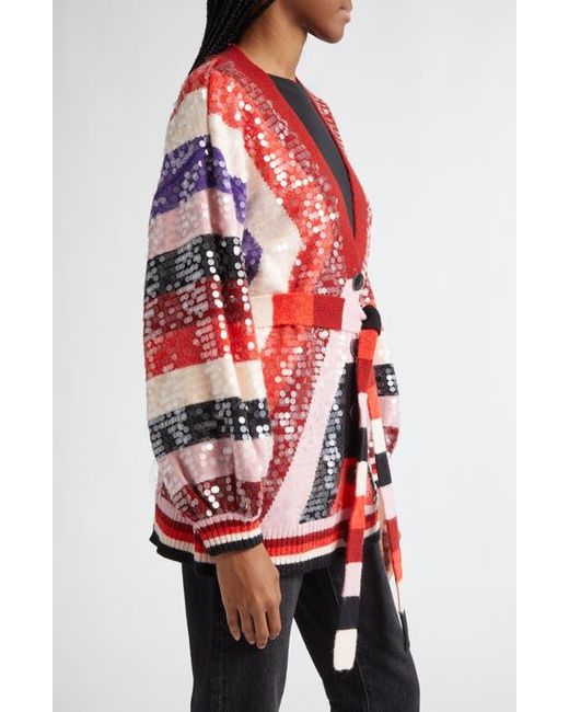 FARM Rio Sequin Belted Cardigan in Red | Lyst