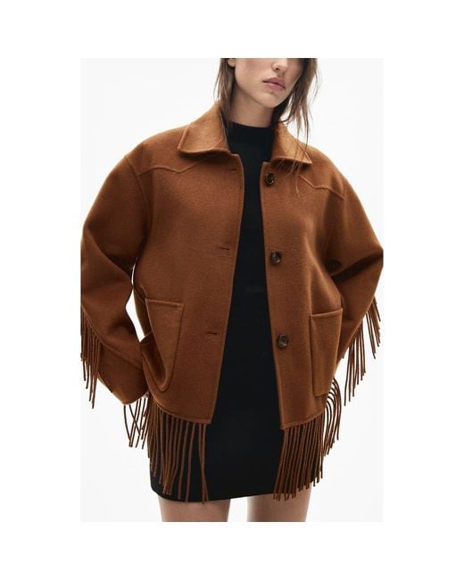 Mango Fringed Wool Blend Coat in Brown | Lyst