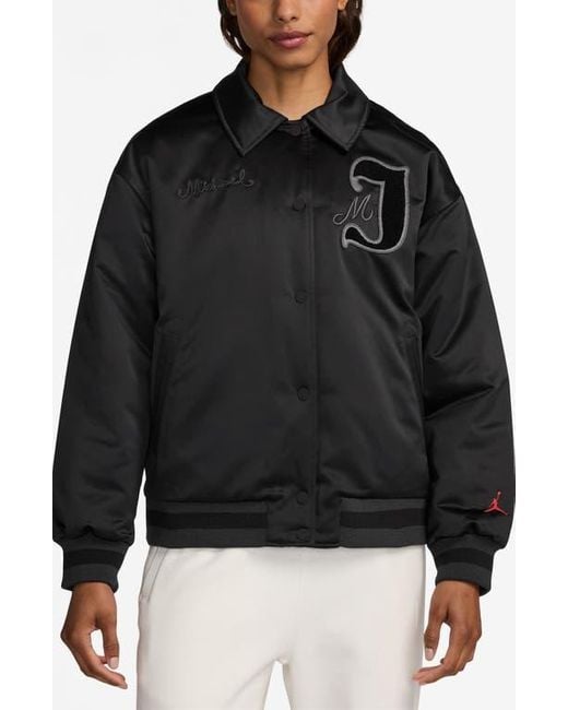 Nike Chenille Patch Satin Varsity Bomber Jacket in Black | Lyst