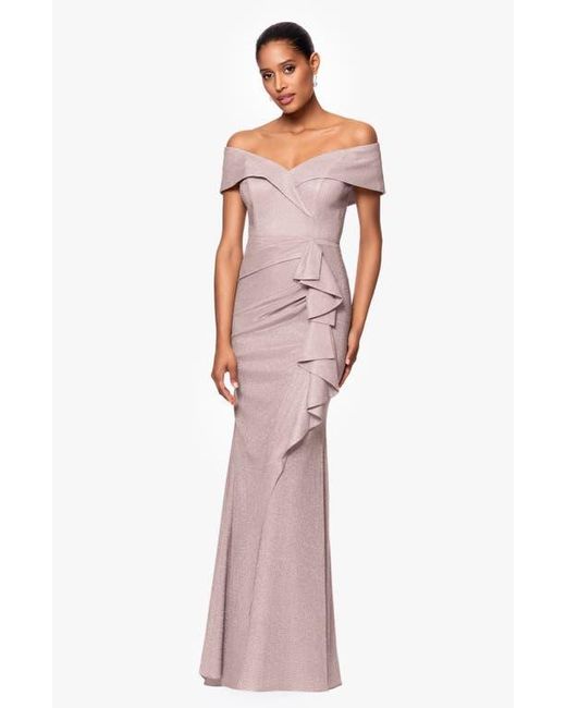 Xscape Evenings Ruffle Off The Shoulder Foil Knit Trumpet Gown in Pink ...